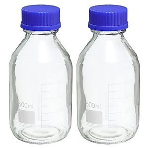 PATIKIL 500mL Reagent Media Bottle, 2Pcs Round Graduated Glass Storage Bottle Blue Screw Cap for Chemistry Lab Universities Home, Clear