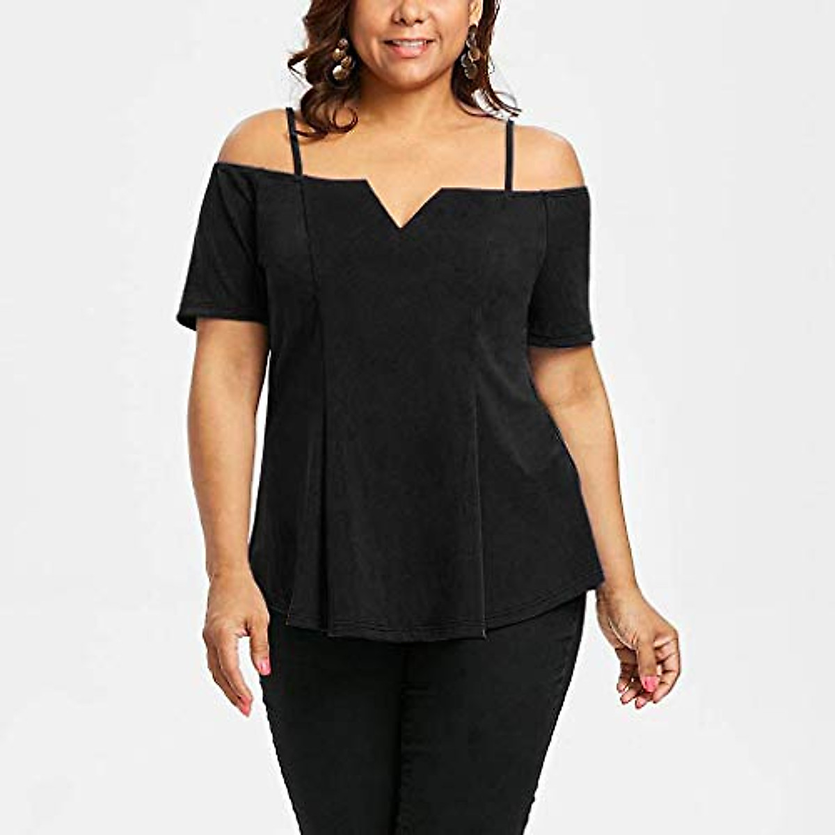 Womens Short Sleeve T Shirt Cold Shoulder Solid Color Blouse Flowy Loose Tops Camisole Tank Tops Plus SizeTunic