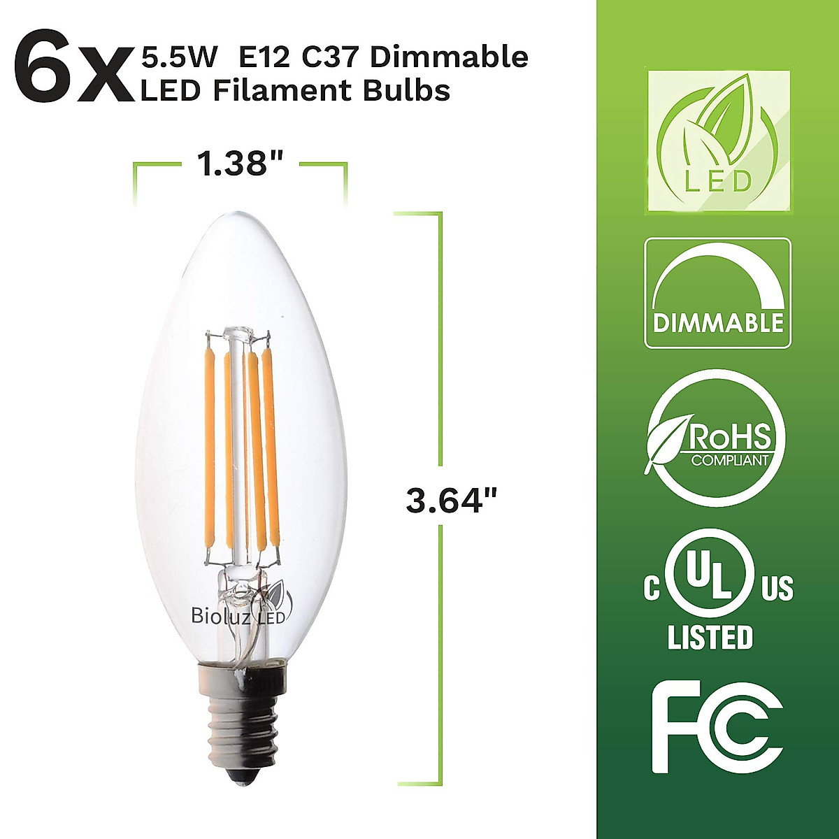 Bioluz LED 92 CRI E12 LED Candelabra Bulbs 60 Watt (5.5W) Warm White 2700K Clear LED Filamament Candle Bulb Dimmable UL Listed Title 20 6-Pack