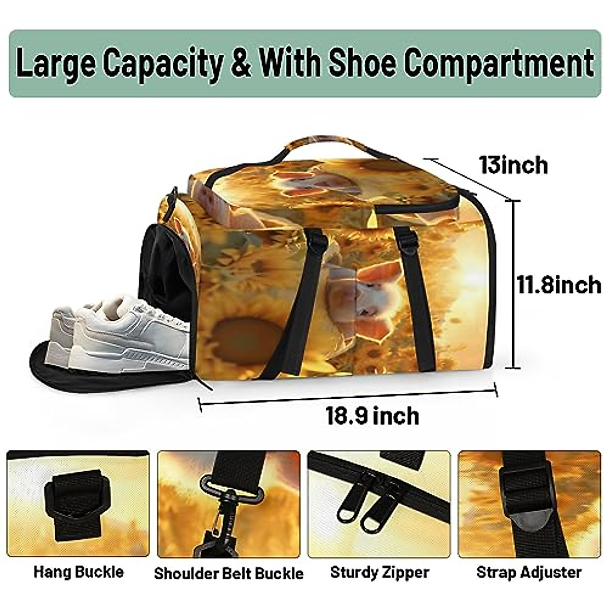 Animal Cute Pig in Sunflowers（04） Gym Duffle Bag for Traveling Sports Tote Gym Bag with Shoes Compartment Water-resistant Workout Bag Weekender Bag Backpack for Men Women