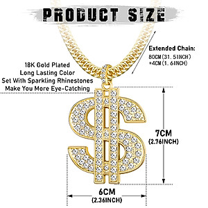 FIBO STEEL Hip Hop 18K Gold Plated Pendant Chain Necklaces and Rings Set for Men Women Rapper Costume Money Dollar Sign Necklace 80s 90s Party Jewelry