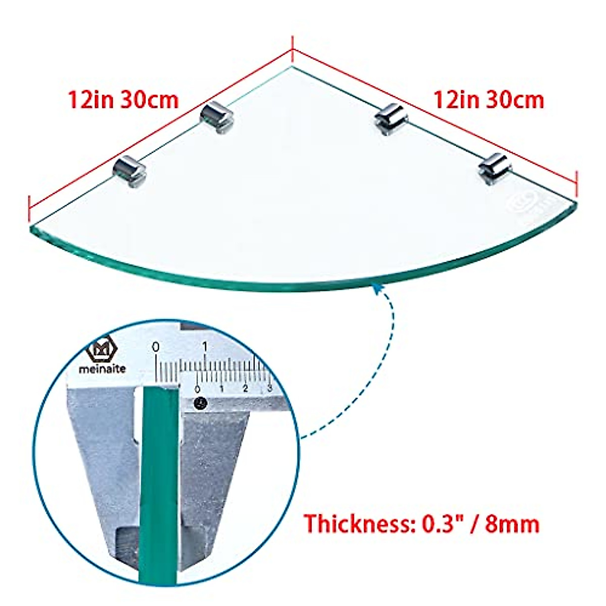 Sanbege 2 Pcs Tempered Glass Corner Shelf with 8 Brackets, 12" x 12" Floating Shower Caddy, Wall Mounted Shampoo Holder Organizer for Bathroom, Kitchen, Living Room