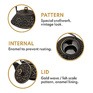 VUDECO 30oz Gold Black Japanese Cast Iron Teapot Kettle Set Loose Leaf Tea Pot For Loose Tea Cast Iron Kettle with Tea Infuser Japanese Tea Set Cast Iron Tea Kettle Japanese Tea Pot Wood Stove