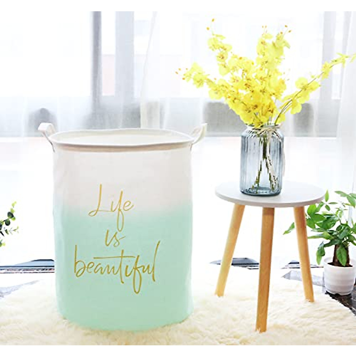 PFONB 19.7" X-Large Collapsible Laundry Basket,Waterproof Sturdy Lightweight Canvas Round Clothes Hamper for Baby Gift Basket.(Life Green)