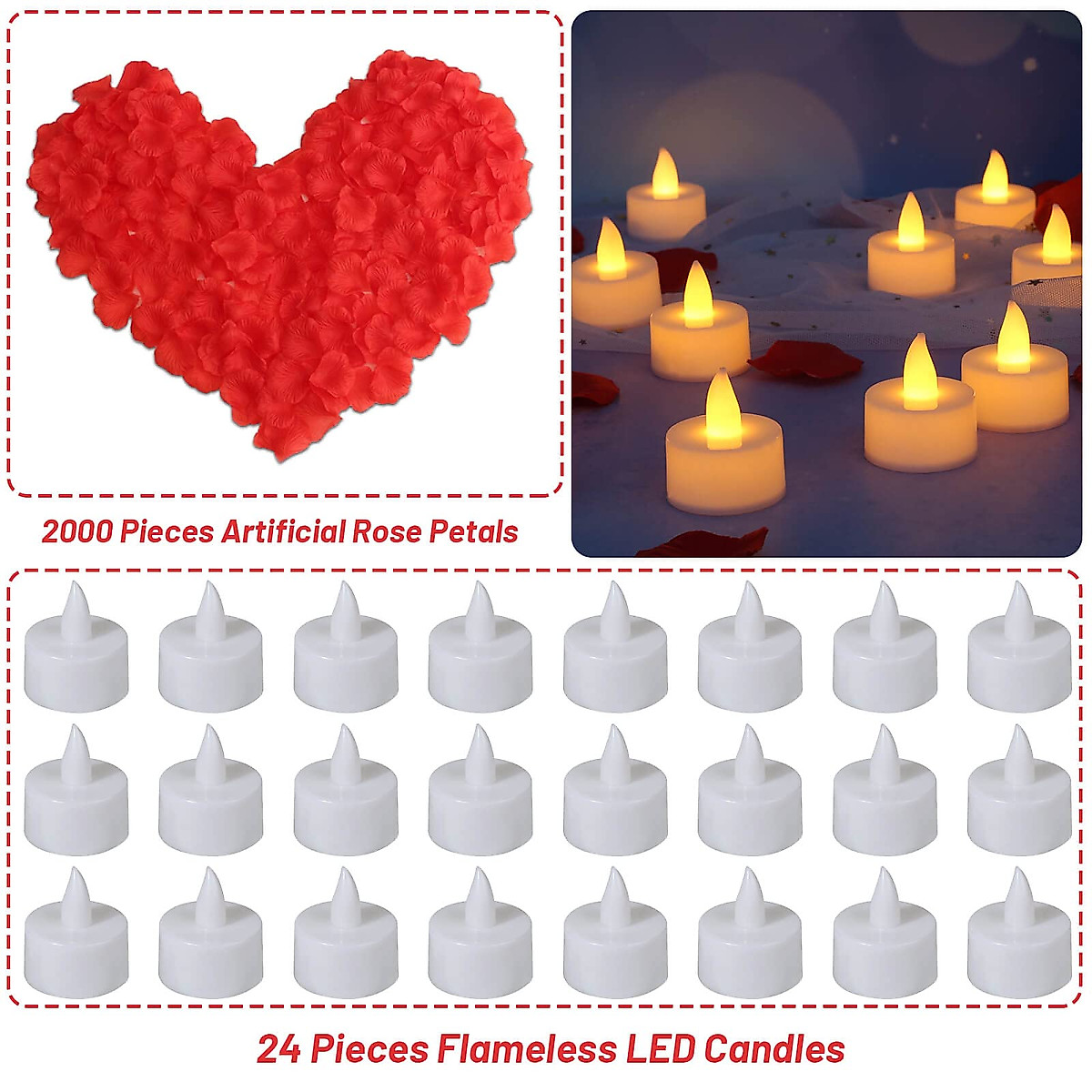 cridoz Romantic Decorations Special Night Set, 24 Pieces LED Tea Lights Candles and 2000 Pieces Artificial Rose Petals for Romantic Night, Valentine's Day, Wedding Anniversary or Table Décor