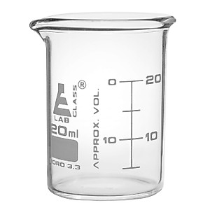 EISCO 12PK Beakers, 20ml - ASTM - Low Form with Spout - Dual Scale, White Graduations - Borosilicate 3.3 Glass