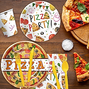YJRJSC Pizza Birthday Party Supplies, Pizza Party Decorations Dinnerware, Paper Dinner Plate, Dessert Plate, Cup, Napkin, Disposable Fork, Pizza Theme Baby Shower Table Decorations Tableware, Serve 24