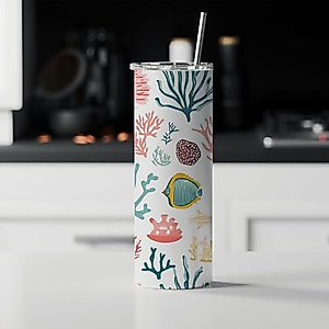 Tumbler with Lid and Straw Cartoon Water Plants and Fish thermos coffee travel mugcute cups 20 oz insulated tumbler for Daily Holiday Decor Gift coffee cup