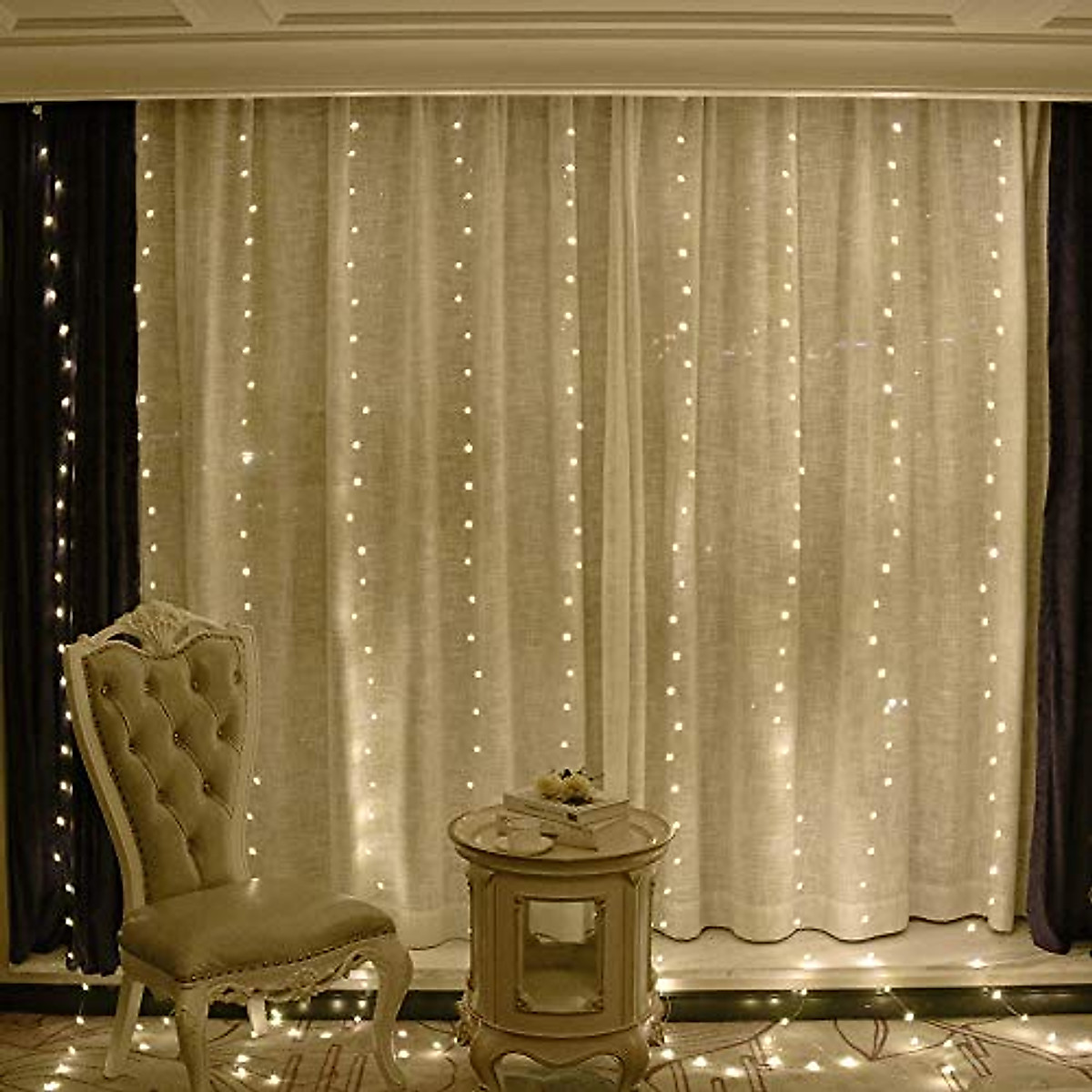 GUOCHENG Copper String Curtain Lights 3m x 3m LED Curtain Fairy Lights USB Powered Window Light Strings with Remote for Home Bedroom Party Wedding, Indoor Outdoor Decorations-Warm White
