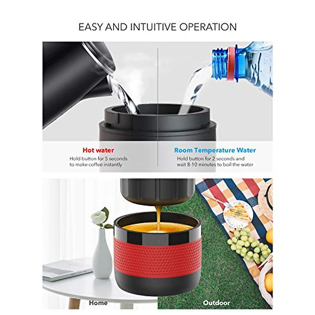 CONQUECO Portable Coffee Maker: 12V Travel Espresso Machine, 15 Bar Pressure Rechargeable Battery Heating Water for Camping, Driving, Home and Office