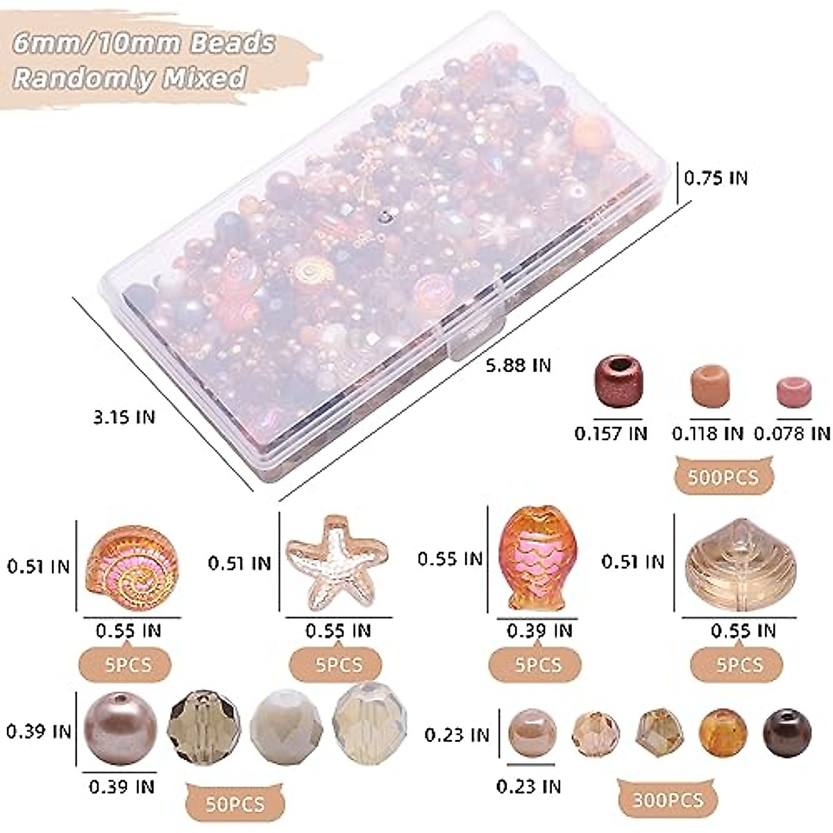 KINGSHINE 870pcs Craft Beads for Jewelry Making, Glass Beads for Bracelets Making Kit with Loose Spacer Beads, Including Fish/Shells/Starfish/Snails Beads, Gift for Her (Amber Color)