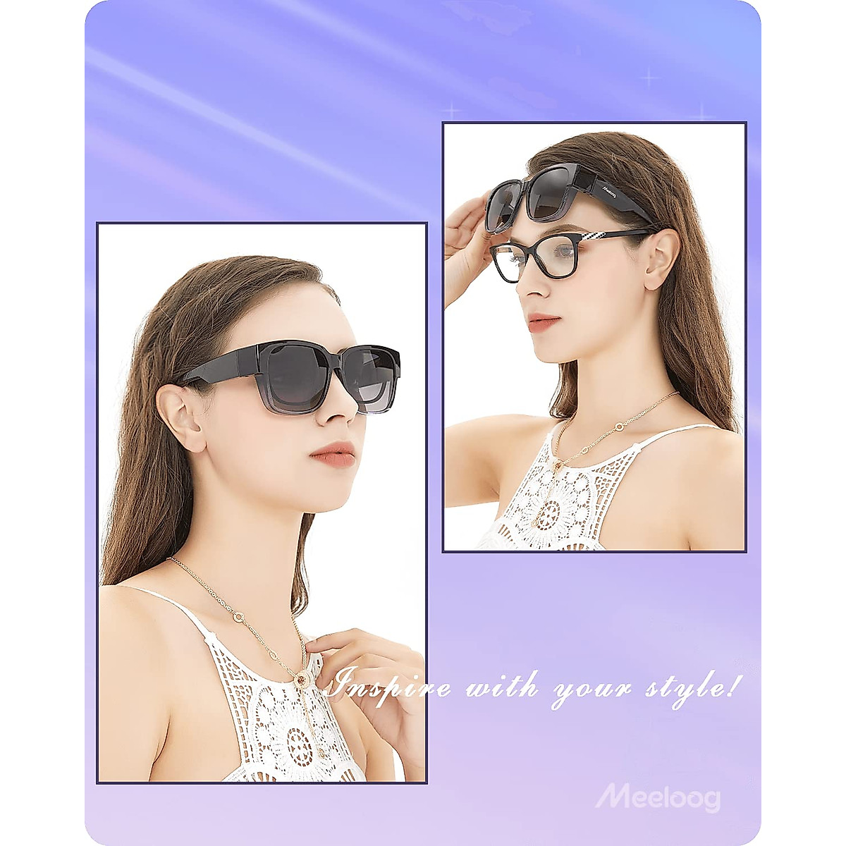 Meeloog Polarized Fit Over Glasses Sunglasses for Women, Square Wrap Around Lightweight Shades for Driving Riding MST0099 (P1 Purple Frame/Gradient Grey Lens)
