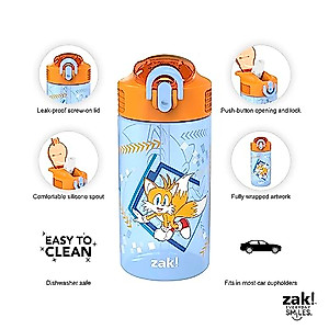 Zak Designs Sonic the Hedgehog Kids Water Bottle For School or Travel, 16oz 2-Pack Durable Plastic Water Bottle With Straw, Handle, and Leak-Proof, Pop-Up Spout Cover (Sonic, Tails)