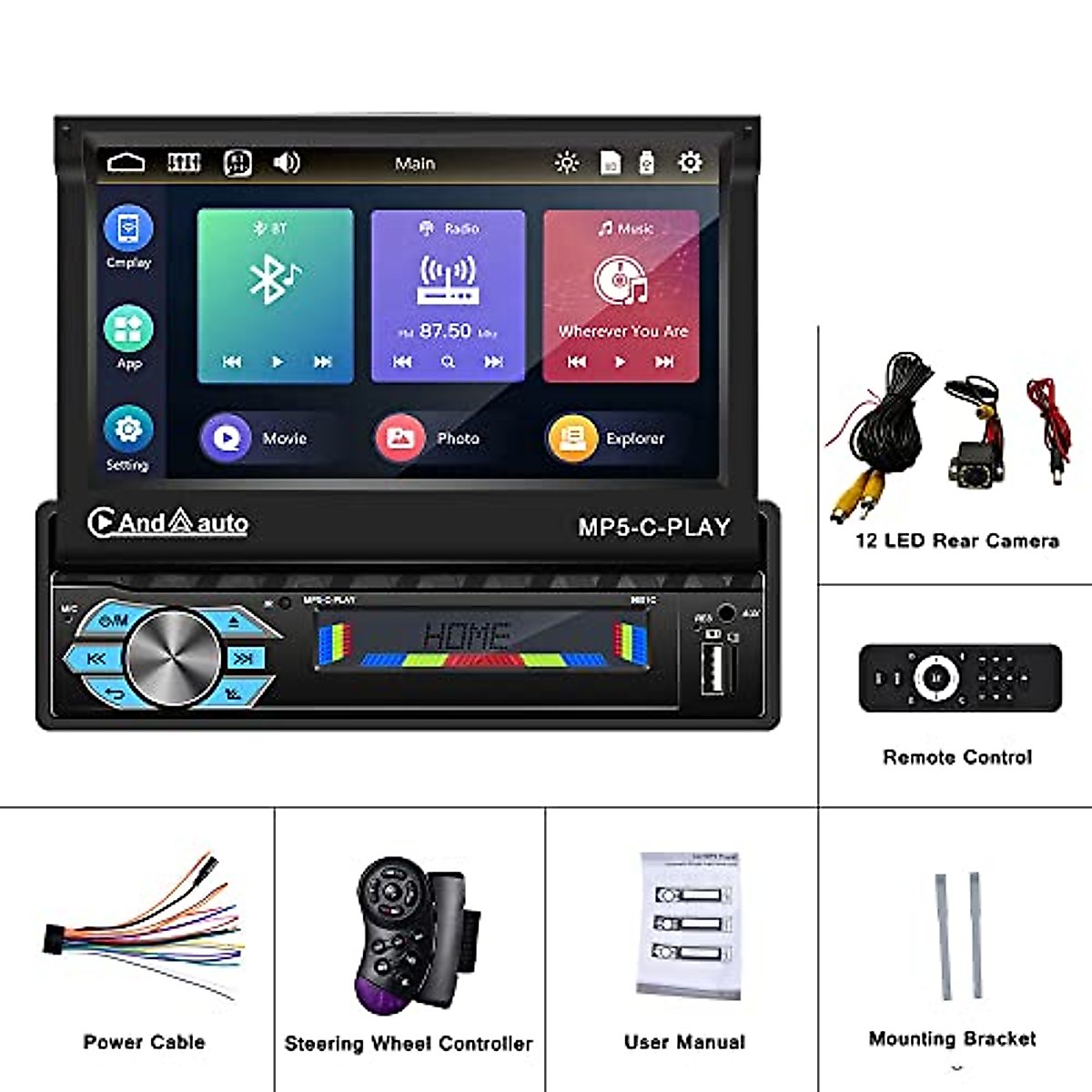CarThree Single Din Apple Carplay Car Stereo with Bluetooth and Backup Camera, 7inch flip Out Touch Screen Car Radio MP5 Player Support Android Auto,Subwoofer Mirror Link,USB,TF,FM,Aux-in,SWC