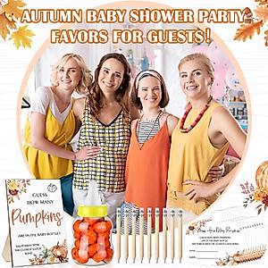 Seenelling 152 Pcs Fall Baby Shower Games Guess How Many Pumpkins Game Stand Sign 100 Pumpkins Guessing Cards 20 Pencils 1 Large Baby Bottle 30 Pumpkins for Guests Gender Reveal Party Game Decorations