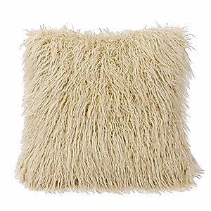 HiEnd Accents Mongolian Sheep Lamb Faux Fur Fluffy Throw Pillow, 18x18 inch, Cream Solid Color, Soft Cozy Fuzzy Luxury Decorative Accent Pillow, Modern Rustic Style