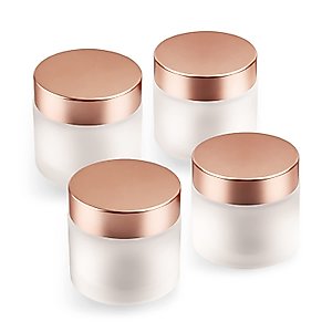 USRommaner 4 Pack 2 oz Frosted Glass Cream Jar,Empty Round Sample Jar Pot with Screw Lids&Inner Liner,Travel Storage Jar Container for Lotion, Eyeshadow,Moisturiser,gel-Rose Gold Lids