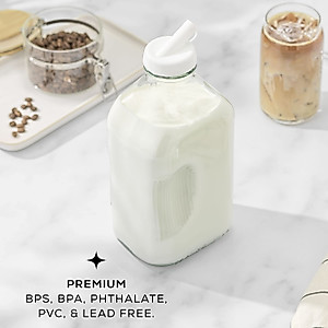 Glass Milk Bottle with Lid AND Pourer Multi-Pack. 64 Oz Reusable Glass Bottles with 6 Lids! Glass Milk Jug Pitcher, Buttermilk, Water or Juice Bottles with Caps, Syrup, Honey or Sauce Container