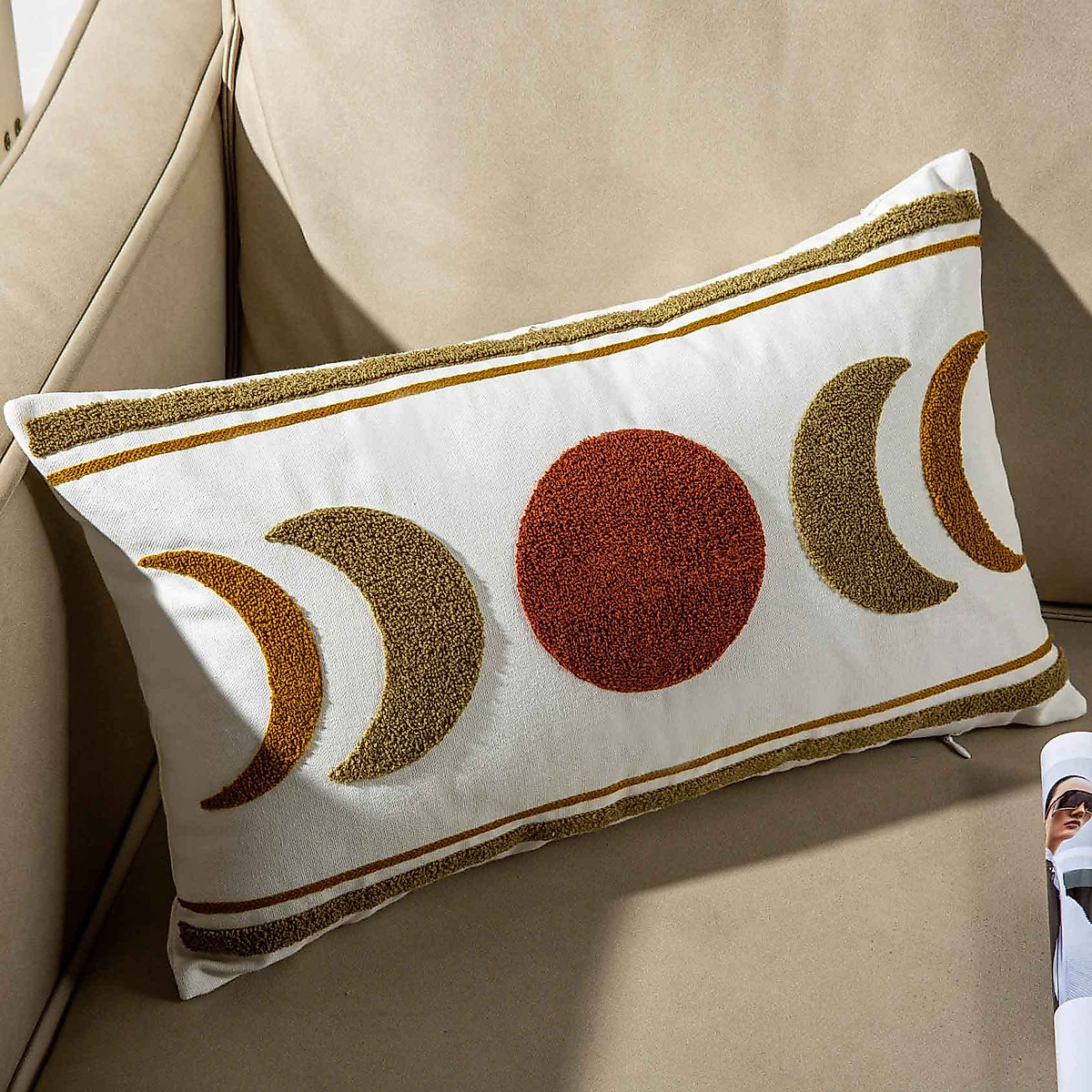 FAVDEC Embroidered Bohemian Style Moon Decorative Throw Pillow Cover, Lumbar Boho Pillow Cover 12 Inches x 20 Inches Cover Only