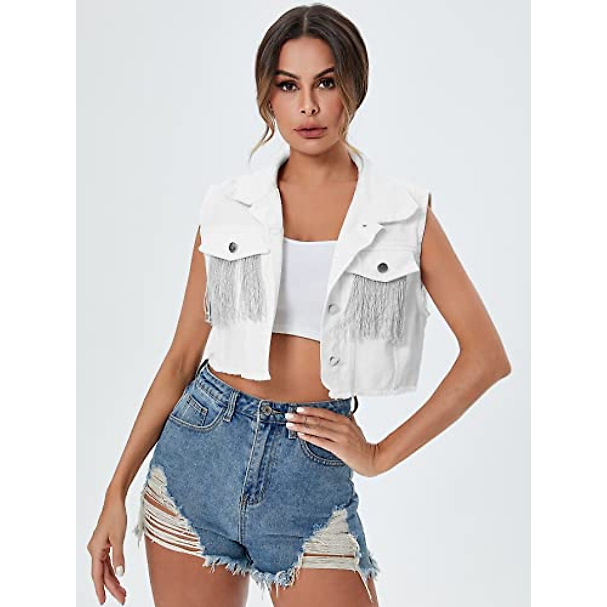 Verdusa Women's Fringe Raw Trim Sleeveless Denim Vest Jean Jacket Coat White S