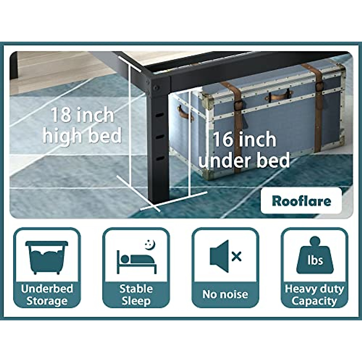 Rooflare Full Bed Frame 18 Inch Tall 9 Legs Max 3500lbs Heavy Duty Metal Full Size Platform for Boys Girls Kids No Box Spring Needed Black Easy to Assemble-Black