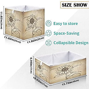 visesunny Closet Baskets Vintage Sunflower Sketch Storage Bins Fabric Baskets for Organizing Shelves Foldable Storage Cube Bins for Clothes, Toys, Baby Toiletry, Office Supply