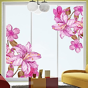 Giant Pink Flowers Wall Decals Lily Floral Wall Stickers DIY Removable Large Peach Blossom Brown Leaf Wall Art Decor for Kids Girls Bedroom Living Room Nursery Playroom Office Decoration DT-129