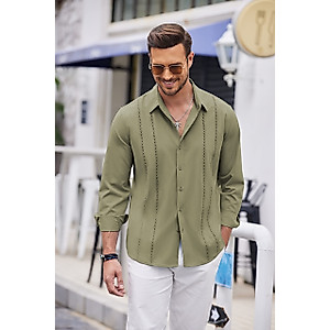 COOFANDY Men's Linen Shirts Casual Cuban Guayabera Shirt Long Sleeve Beach Shirts Green