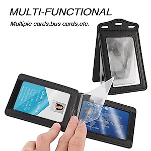 Badge Holder Trifold,PU Leather ID Card Holder with Clear ID Window and Detachable Badge Lanyard for Business,Worker,Student,Black