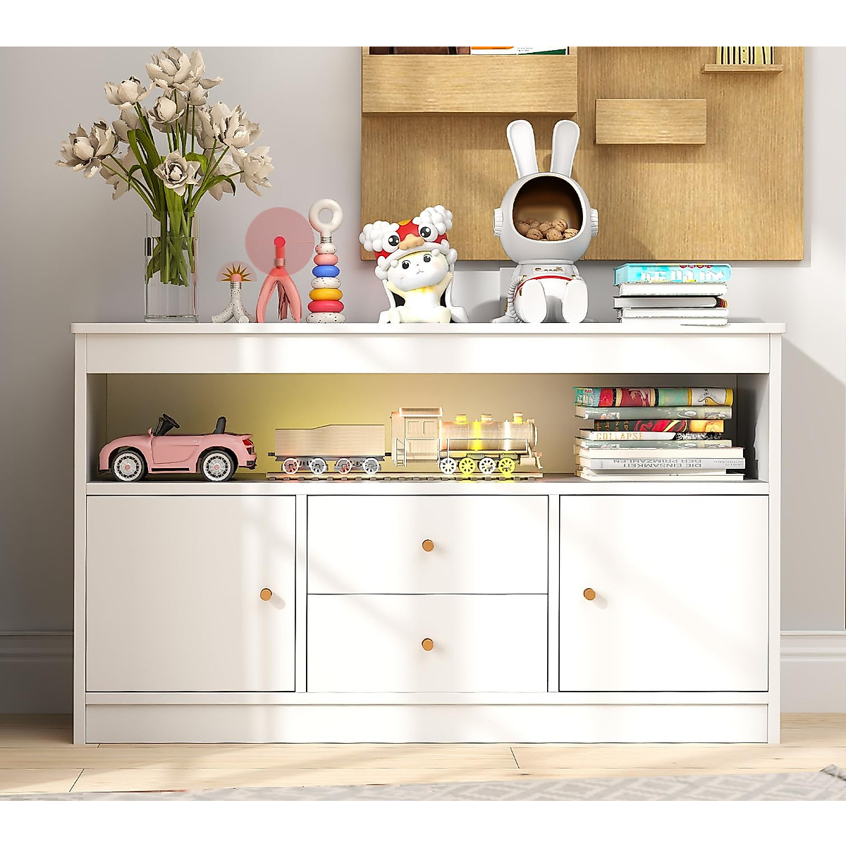 Costzon Toy Storage Organizer, Wooden Kids Bookshelf with 2 Drawers, 2 Cabinets & Open Shelf, Toy Organziers and Storage for Playroom, Bedroom, Nursery (White)