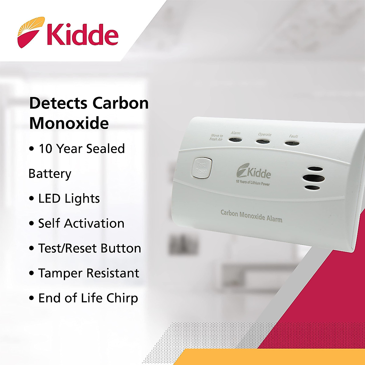 Kidde Carbon Monoxide Detector with 10-Year Battery, 3 LEDs, Replacement Indicator, Test-Reset Button