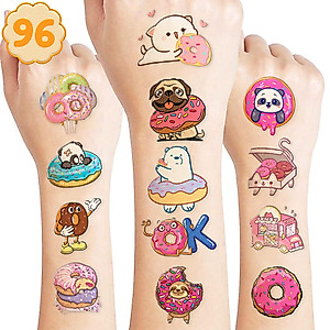 Donut Temporary Tattoos Birthday Party Decorations Supplies Party Favors 96PCS Tattoos Stickers Cute Kids Girls Boys Gifts Classroom School Prizes Themed Christmas