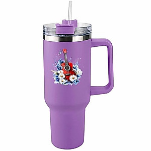 LB LEOBON 40 ounce insulated cup with handle, double-layer vacuum stainless steel material, equipped with straw, can keep warm or maintain cold drinks Daisy Guitar Deep purple
