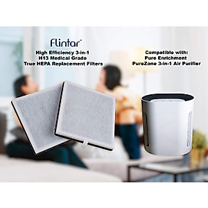 Flintar 3-in-1 H13 Grade True HEPA Replacement Filter, Compatible with Pure Enrichment PureZone Air Purifier PEAIRPLG (Not For Levoit Vital 100), 2-Pack