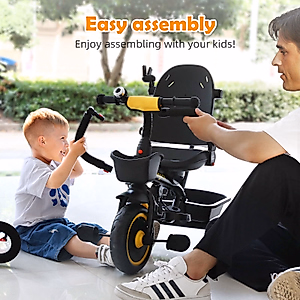 Lamgool Toddler Tricycles 4 in 1 Stroll Trike with Push Handle Removable Canopy Detachable Guardrail Retractable Foot Plate Safety Harness Storage Stroller Kids Tricycle for 12Months to 5 Years Yellow