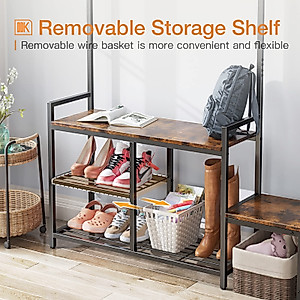 ODK Parent-Child Hall Tree with Bench and Shoe Storage, Entryway Rack with Metal Frame and Hooks, for Entrance, Foyer, Mudroom (Rustic Brown)