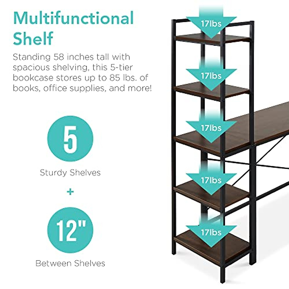 Best Choice Products L-Shaped Corner Computer Desk, Large Study Workstation Furniture w/Multifunctional 5-Tier Open Storage Bookshelves, Custom Setup for Home, Office - Brown/Black