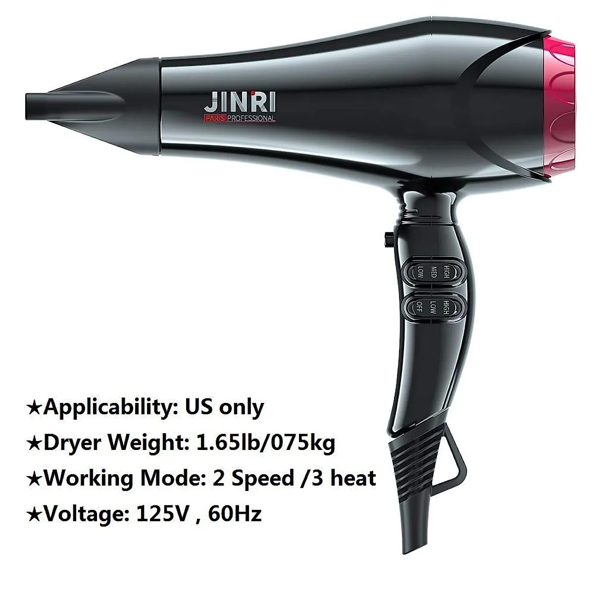 JINRI 1875W Negative Ionic Hair Dryer, Professional Salon Blow Dryer, Low Noise Fast Drying & Powerful AC Motor and Diffuser Comb for Men Women,3 Heat & 2 Speed Settings
