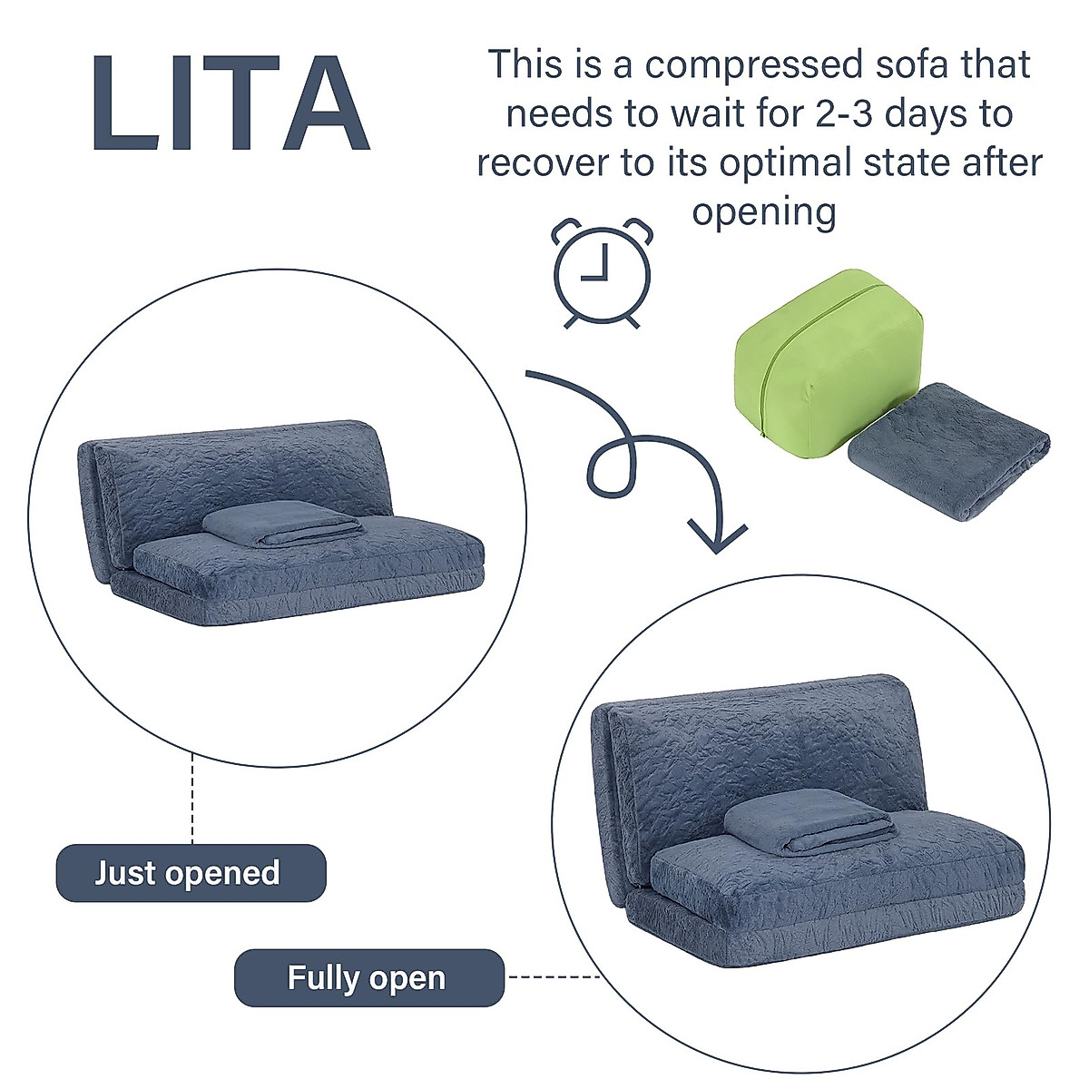 LITA Fluffy Soft Bean Bag Sofa Bed with Blanket, Folding Mattress Bean Bag Chair Foam Filling Convertible Couch Bed with Removable Cover Soft Faux Fur Wall Sofa Bed for Living Room, Dark Grey