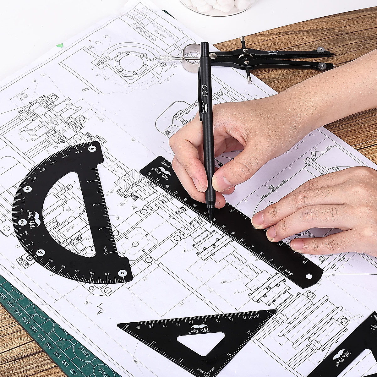 Mr. Pen- Professional Geometry Set, 15pcs, Black Geometry Kit for Artists and Students, Geometry Set, Metal Rulers and Compasses, Drawing Tools, Drafting Supplies, Drafting Set, Drafting Tools and Kit