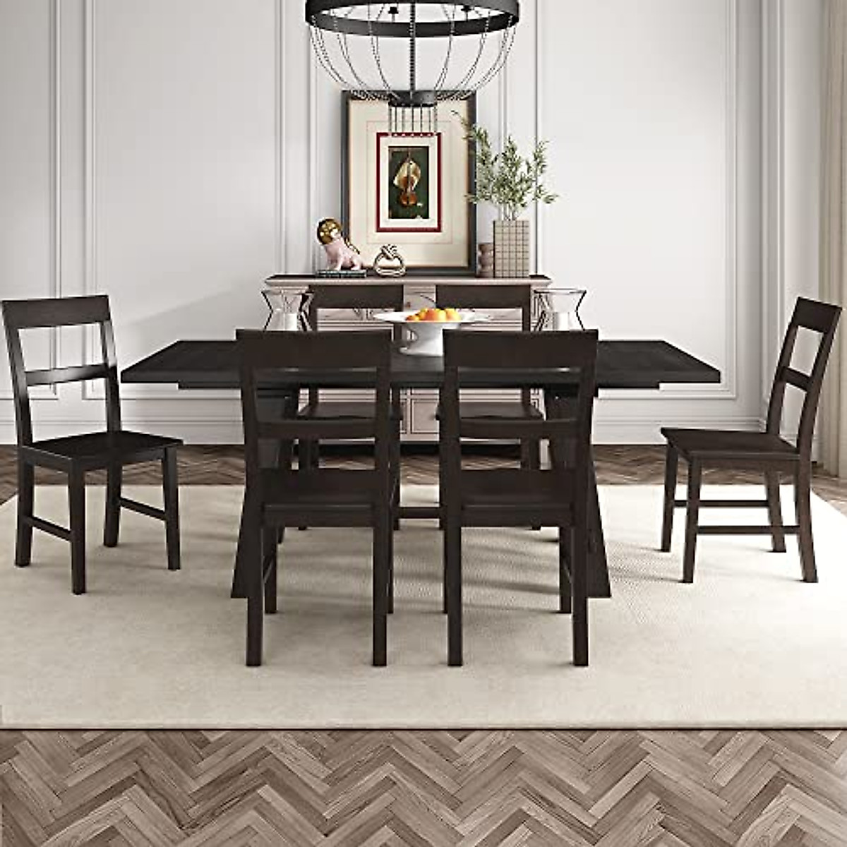 Danxee 7 Piece Solid Wood Dining Room Set, Retro Industrial Style Kitchen Table Set Extendable Table with 18” Leaf and Six Wood Chairs, Rectangle Table with Chairs for Limited Space (Espresso)