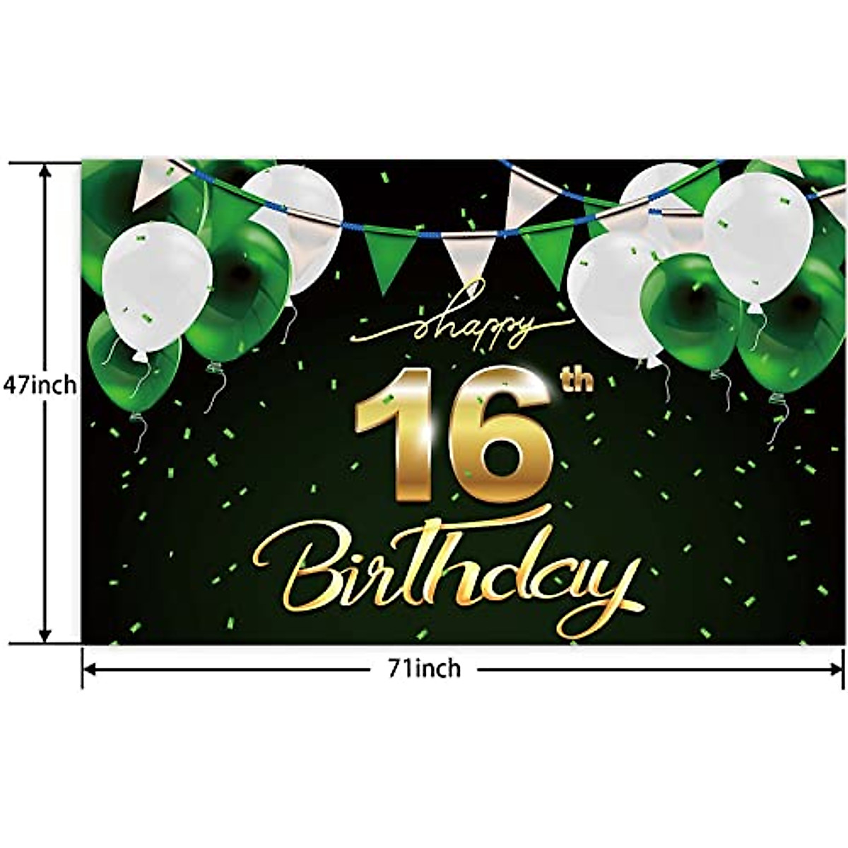 Happy 16th Birthday Black Banner Backdrop Background Photo Booth Props Green White Balloons Theme Decor for Sixteenth Year Anniversary 16 years Old Birthday Party Favors Supplies Decorations