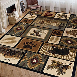 Srocvi Bear Area Rug Rustic Cabin or Lodge Themed Rug with Bear Deer Elk Moose Track and House Prints Brown Stitching Hallway Carpet Retro Washable Non Skid Throw Mat for Nursery Home Office, 6x9ft