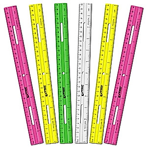 Rulers for Kids, 12 Inch Clear Ruler - Assorted Colors - 6 Count - Metric and Inches - 3 Ring Binder Ruler - Shatterproof Rulers for Students