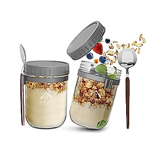 North Ranch Kitchen 16 oz overnight oats containers with lids - Jars with spoons and lids - made of premium borosilicate glass - 2x oatmeal jars with spoons & spoon holder