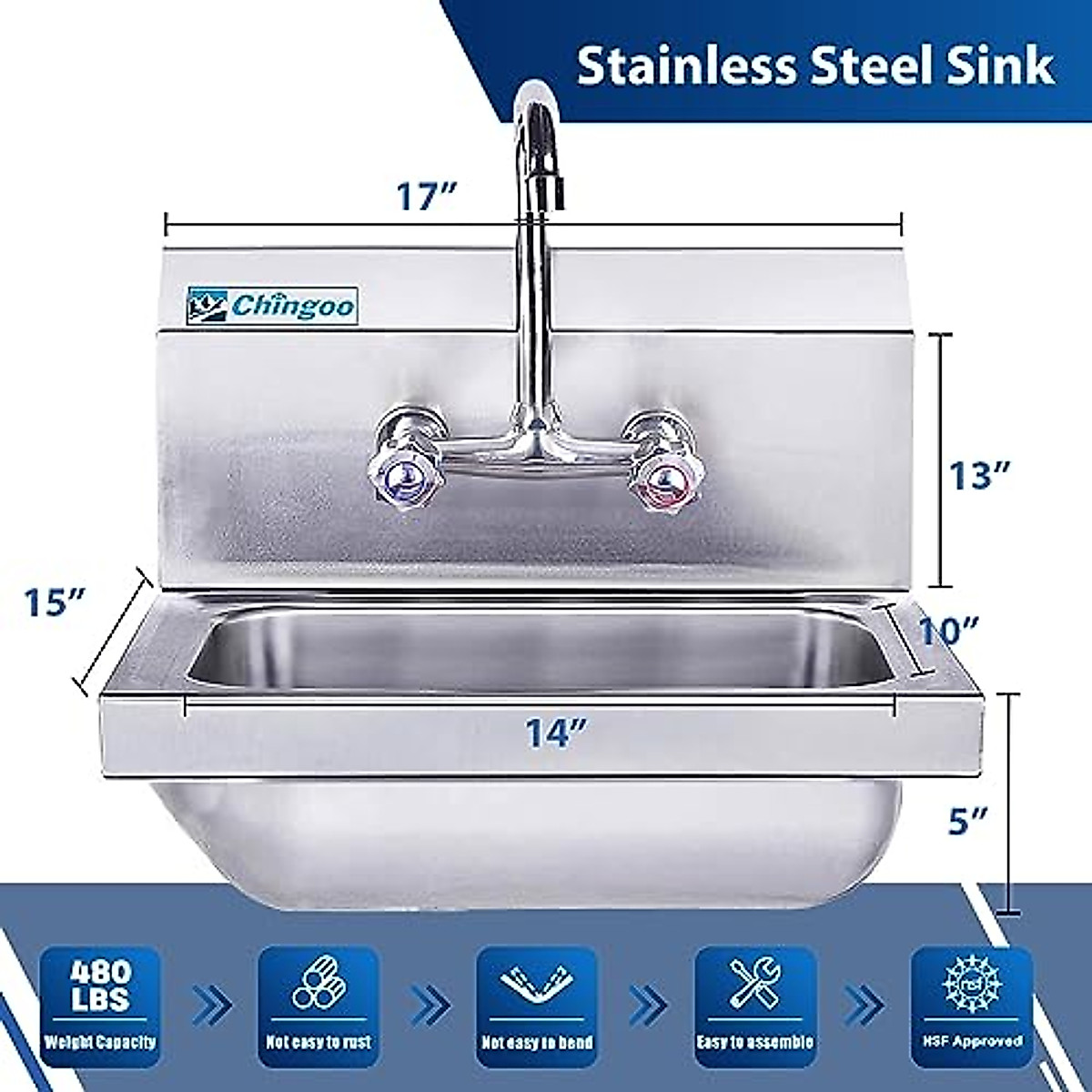 Chingoo Stainless Steel Sink with Faucet,Commercial Wall Mount Hand Basin for Washing for Restaurant, Kitchen and Home, 17 x 15 Inches