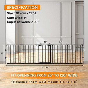 Bonnlo 120 Inches Wide Configurable Baby Gate Fireplace Safety Fence/Guard Adjustable 5-Panel Metal Play Yard for Toddler/Pet/Dog Christmas Tree Fence, Includes 4 Pack of Wall Mounts, Black