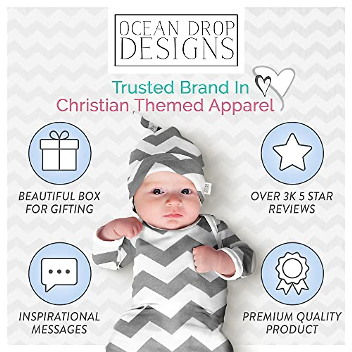 Ocean Drop Designs Baby Gowns 2 Packs (0-6 M) - 100% Cotton Newborn Coming Home From Hospital Outfit, Knotted Gown Baby Newborn, Nightgown, Hospital Outfit, Newborn Outfit for Boys & Girls