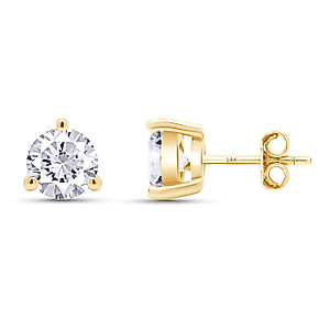 SAVEARTH DIAMONDS 14K Yellow Gold Post & 925 Sterling Silver 7.5MM Round Cut Lab Created Moissanite Diamond 3-Prong Martini Style Stud Earrings 3.0ct