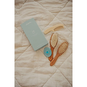 Ullabelle 4 Piece Wooden Baby Hair Brush and Comb Set for Newborns & Toddlers in Chic Gift Box - Ultra Soft Natural Goat Hair and Wood Baby Brush Set Prevents Cradle Cap - Perfect Registry Gift (Blue)